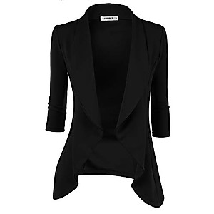 DOUBLJU Womens Lightweight Thin 3/4 Sleeve Open Front Blazer Jacket with Plus Size Black