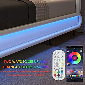 HOSTACK Queen Size Upholstered Bed Frame with Smart LED, PU Low Profile Sleigh Platform Bed with Adjustable Headboard, Modern Mattress Foundation with Wood Slats, Lights Sync With Music (White, Queen)