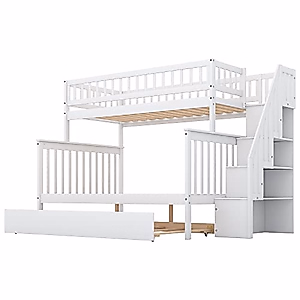 Merax Twin Over Full Bunk Bed with Trundle, Storage Staircase, and Guard Rail, No Box Spring Needed, White