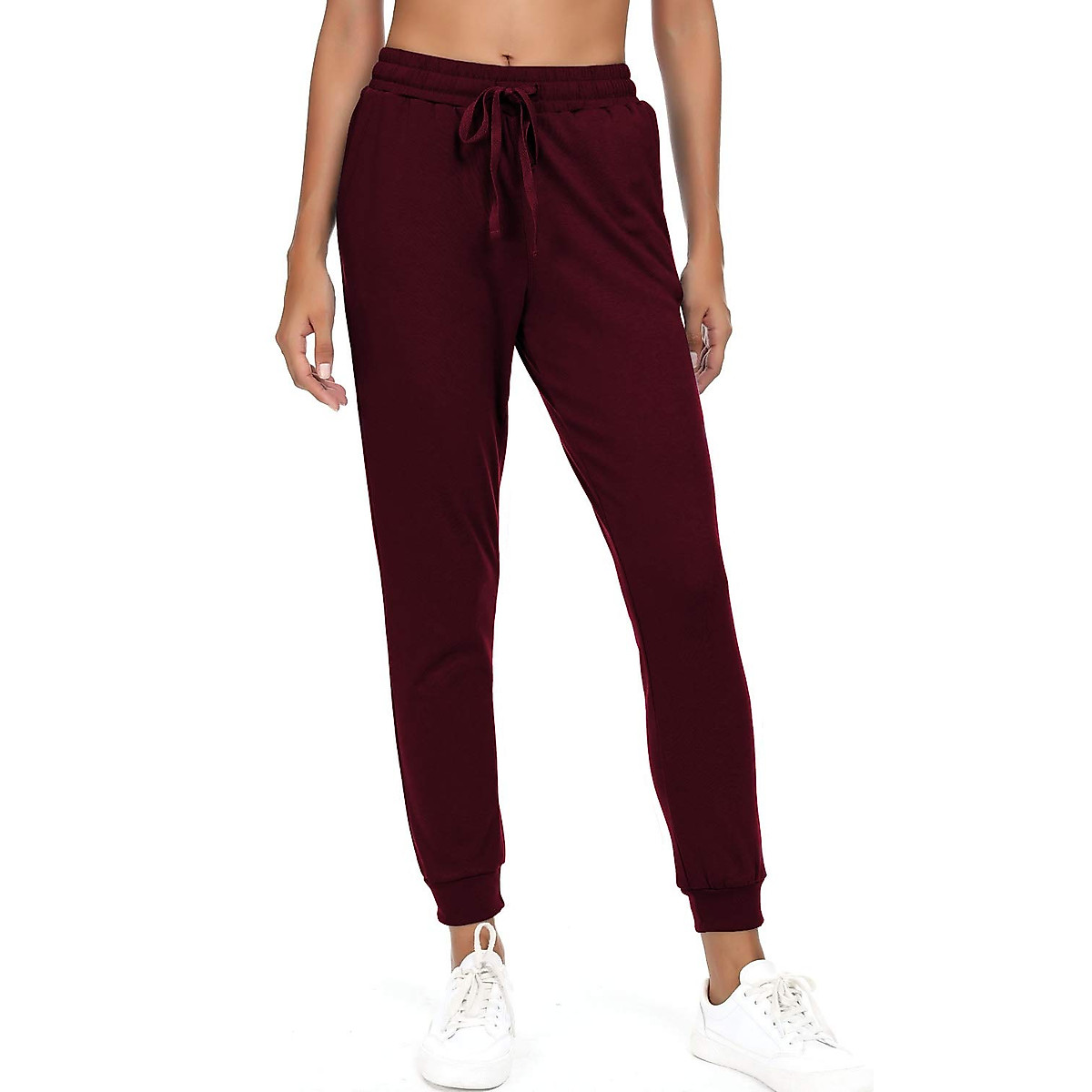 HAOMEILI Women's Active Cotton Tapered Workout Yoga Lounge Track Pockets Pants, Wine Red, X-Large