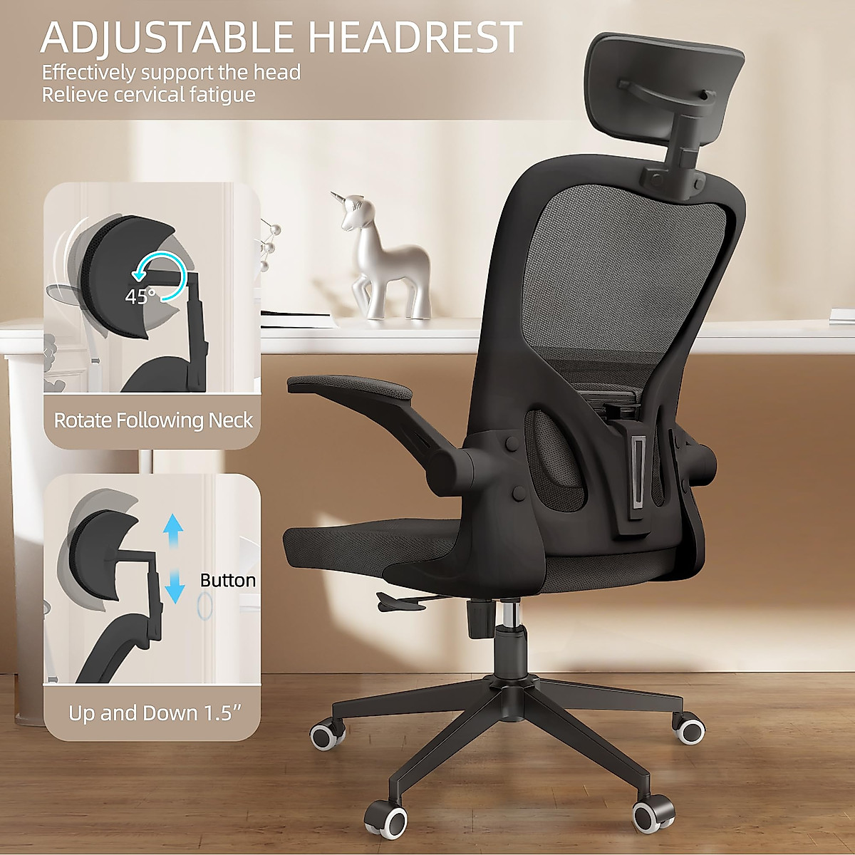 Monhey Black Office Chair, Ergonomic Office Chair, Home Office Desk Chair for Big and Tall People, Computer Chair with Adjustable Headrest, Lumbar Support, Flip-Up Arms, PU Wheels