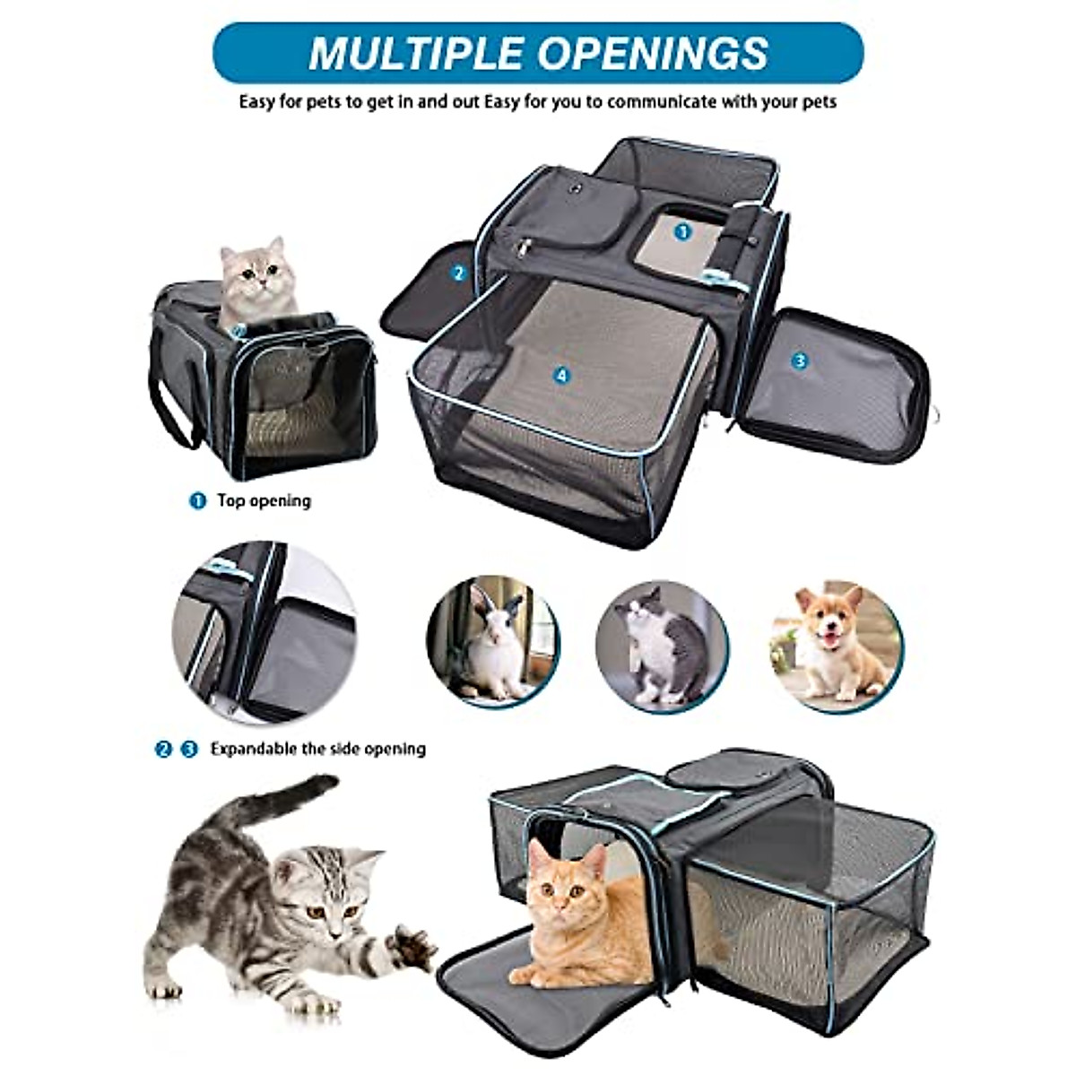 Cat Carrier, WHDPETS Large Pet Carrier with Wheels, Expandable Soft-Sided Cat Collapsible Carrier with 2 Large Extensions for Cats, Puppy and Small Animals