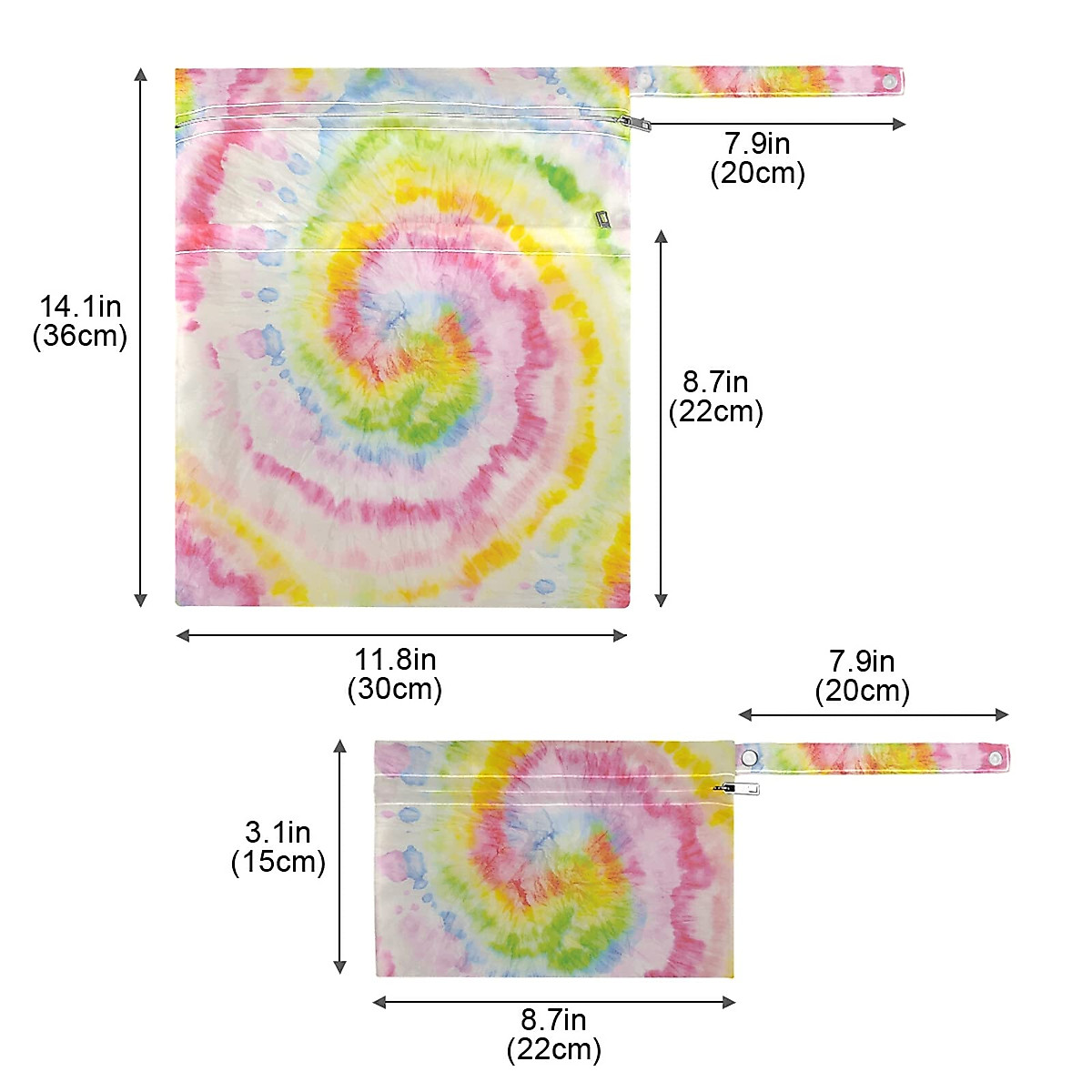 xigua 2 Pack Wet Dry Bags for Cloth Diaper Waterproof Swimsuits Bag with Handle Wristlet for Travel Beach Pouch, Rainbow Tie Dye