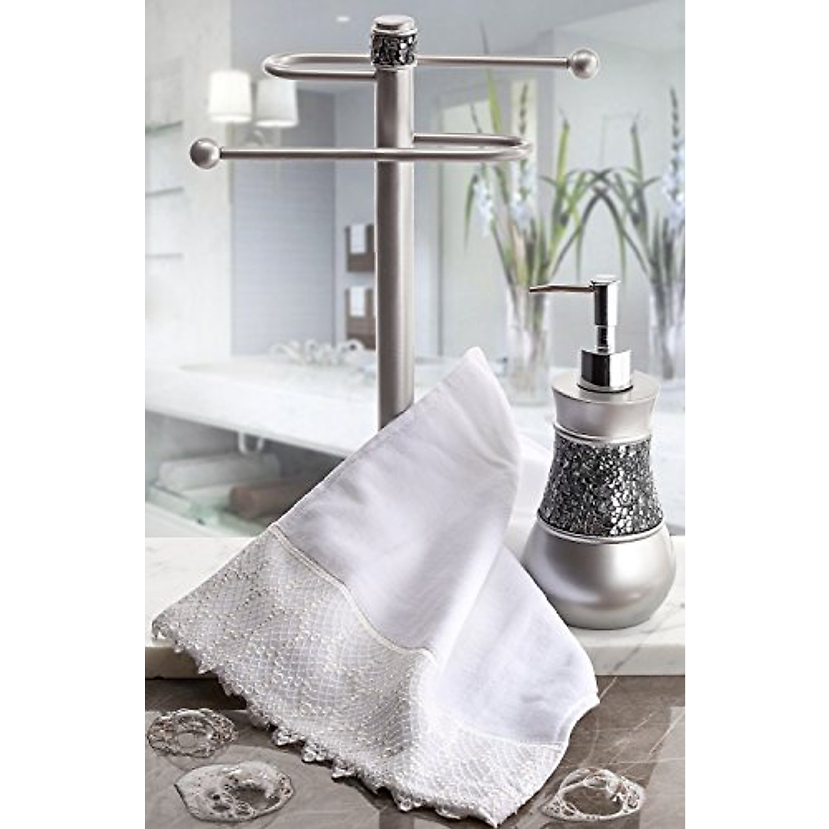 Creative Scents Countertop Towel Stand, Decorative Fingertip Towel Holder, Durable Resin Free Standing Towel Rack, for Elegant Counter Top Bathroom/Shower/Kitchen Decor (Silver)