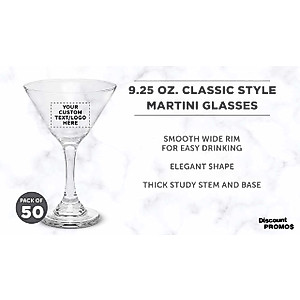 Custom Classic Martini Glasses 9.25 oz. Set of 50, Personalized Bulk Pack - Great for Cocktails, Wedding Favors, Party Favors, Events - Clear