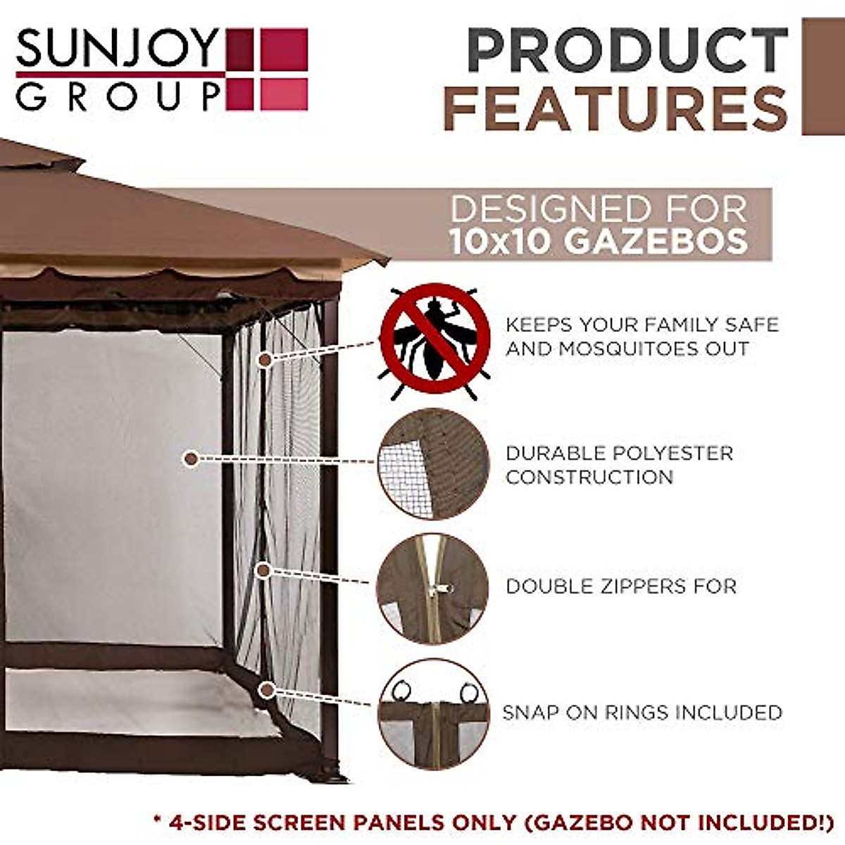 Keep Mosquitoes Out of Your 10 x 10 Gazebo with This Four Panel Pack of Easy to Netting with Zippers