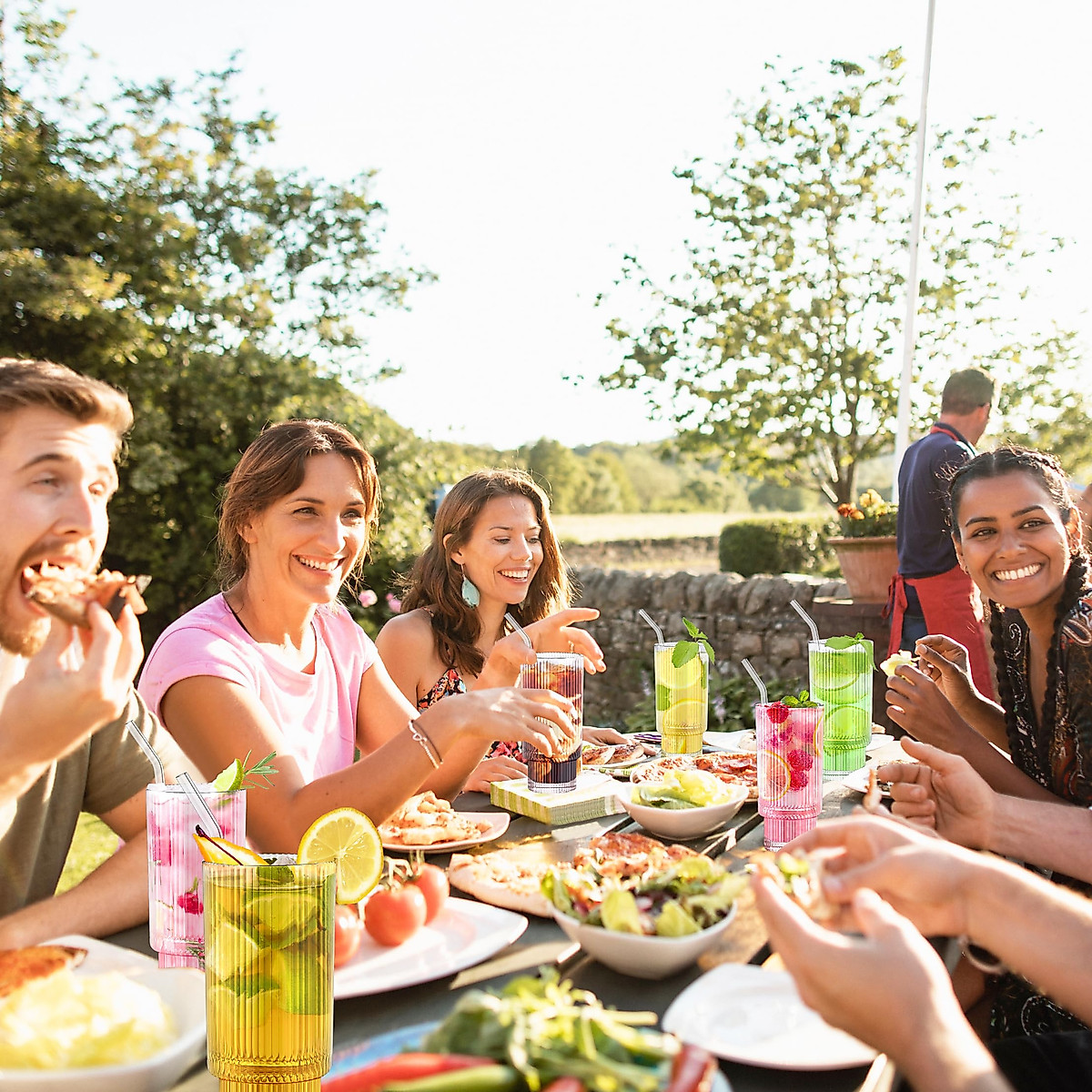 16oz Ribbed Drinking Glasses Set of 4, Clear Reusable Ribbed Glassware, Iced Coffee Cup, Cocktail Can Beer Glasses Cups with Straws, Vintage Wine Tea Water Glass Tumbler, Cute House Warming Gifts