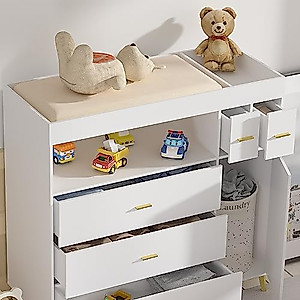 PakaLife Changing Table with Drawers, White Drawer Dresser,Changing Table Dresser with 5 Drawer & Cabinet