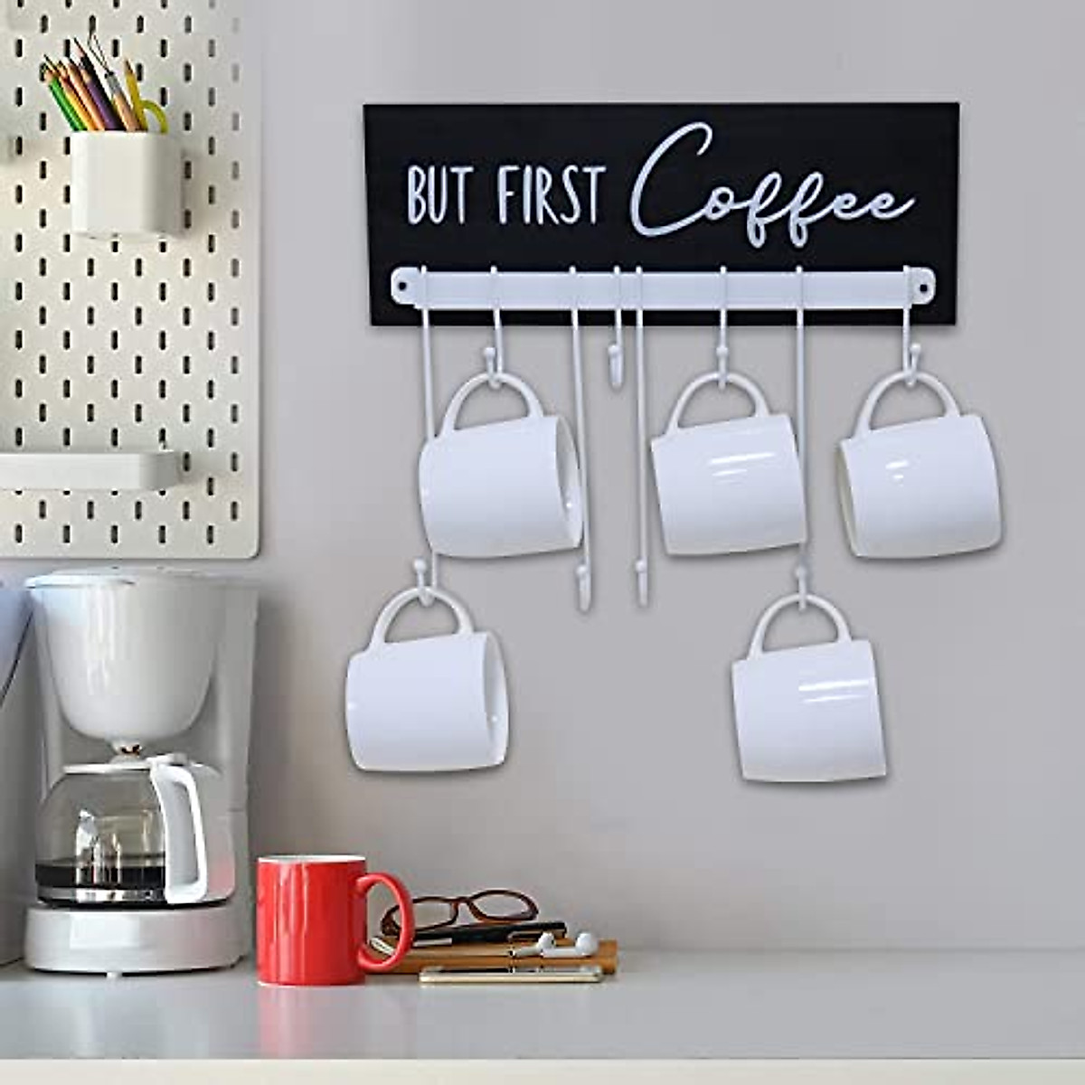 GENMOUS Rustic Coffee Mug Holder Wall Mounted for Mug Rack Organizer, Farmhouse Wood Coffee Cup Holder Tea Mug Rack Wood Storage Display Organizer Hanger for Home Kitchen Coffee Bar Wall Decor Black