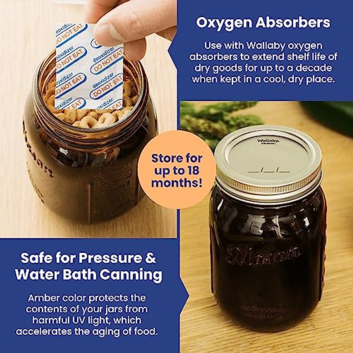 Wallaby 16oz Regular Mouth Amber Mason UV-Blocking Jars with Lid & Seal Bands - Airtight Glass Container for Canning, Pickling, Food Storage, Candles, Overnight Oats, Fruit, Jam, Jelly or DIY (4-Pack)