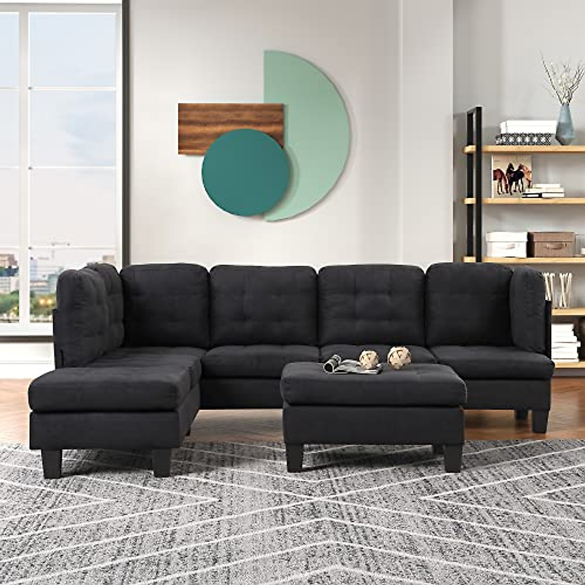 Casa Andrea Milano 3 Piece Modern Tufted Micro Suede L Shaped Sectional Sofa Couch with Reversible Chaise & Ottoman, Large
