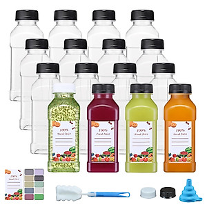 LIYAR 12oz Plastic Bottles with Caps 35 Pack Juice Bottles Reusable Juice Containers Leak-Proof Smoothie bottle with Labels for Drinking,Juicing,Milk,Water(White Lids+Black Lids)