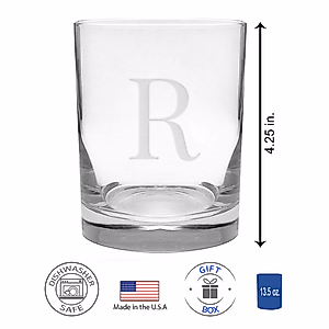 4 Piece Glass Set Engraved with R-Letter Monogram, 13.5-Ounce
