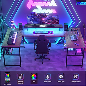 Unikito 130 Inch Computer Desk, DIY Sturdy U Shaped Office Desk with Smart Strip Light and Magic Power Outlet, Cool Modern Gaming Table with Monitor Stand and Storage Shelves, Space Free, Black Oak