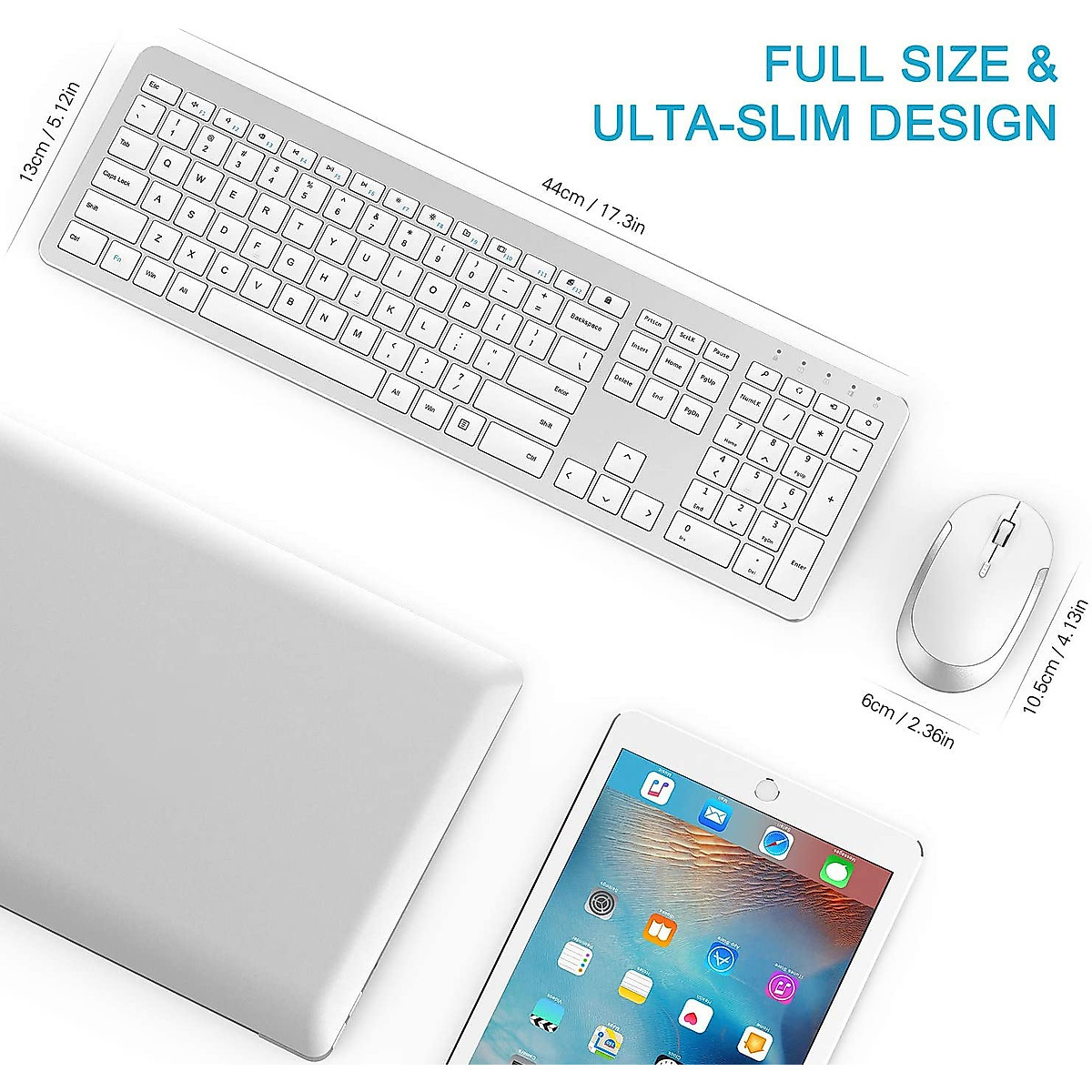 Full Size Slim Thin Wireless Keyboard and Mouse Combo with Numeric Keypad with On/Off Switch - White & Silver