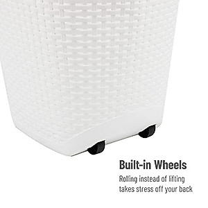 Mind Reader Basket Collection, Mobile Laundry Hamper, 60 Liter (15kg/33lbs) Capacity, Cut Out Handle, Ventilated, Integrated Castor Wheels, 19.5"L x 14.75"W x 29.25"H, White