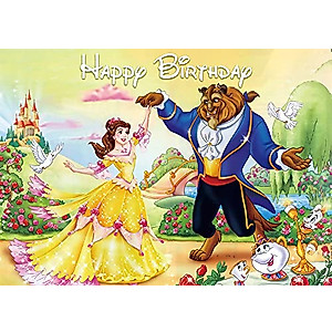 Beauty and The Beast Happy Birthday Theme Photography Backdrops Children Boys or Girls Birthday Party Photo Background 5X3FT Cake Table Banner Beauty and The Beast Engagement Party Decor Supplies