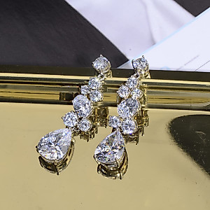 Bridal Earrings for Wedding Silver - 14k Plated Sterling Silver Teardrop CZ Cubic Zirconia Crystal Rhinestone Floarl Leaf Cluster Long Fashion Statement Costume Earrings for Wedding Party Prom