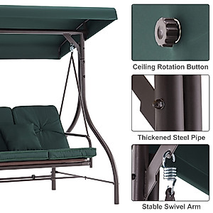 MCombo 3-Seat Outdoor Patio Swing Chair, Adjustable Backrest and Canopy, Porch Swing Glider Chair, w/Cushions and Pillows, 4068 (Green)