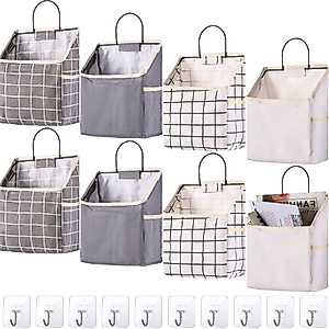 8 Packs Wall Hanging Storage and 10 Pieces Sticky Hooks Waterproof Over The Door Closet Storage Hanging Caddy Bag Hanging Closet Organizer Linen Cotton Bag for Bedroom Bathroom Kitchen (Cute Color)