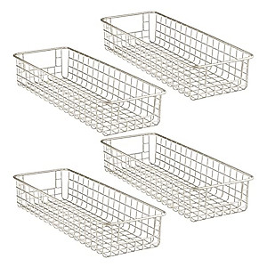 mDesign Metal Wire Food Storage Shallow Basket Organizer with Handles for Organizing Kitchen Cabinets, Pantry Shelf, Bathroom, Laundry Room, Closets, Garage - Concerto Collection - 4 Pack - Satin