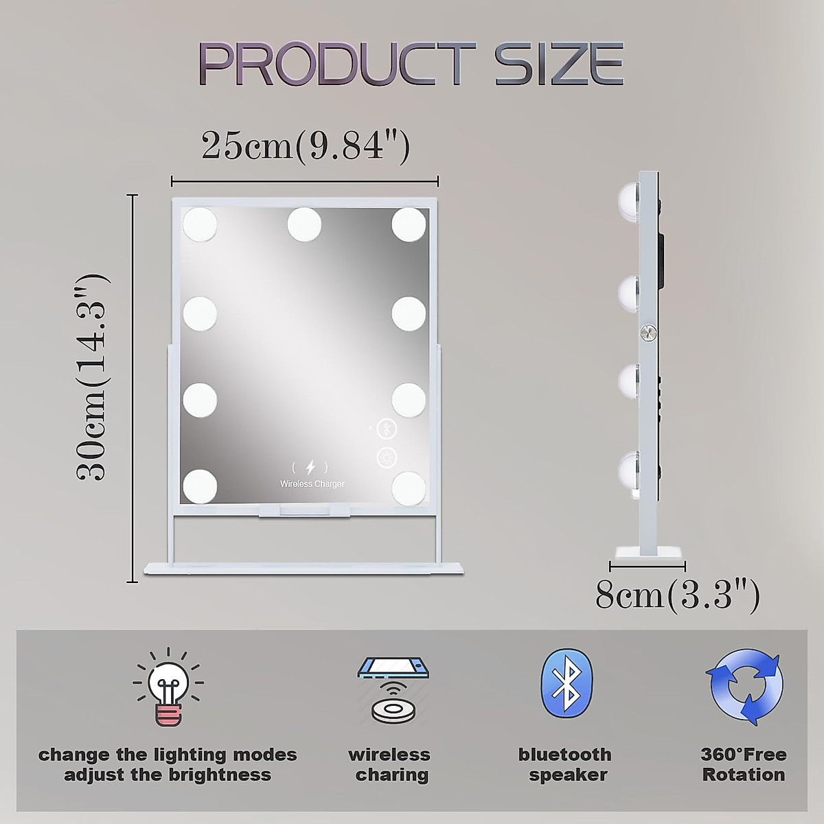 MISAVANITY Hollywood Vanity Mirror with Wireless Charging and Speaker 9.84" x11.81" Lighted Makeup Vanity Mirror with 9 Bulbs 360 Rotation 10X Magnification 3 Color Lighting Modes Mirror, White