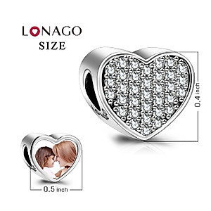 LONAGO Customized and Personalized Photo Charms Sterling Silver Heart Shaped Charm Beads (Shine Heart)