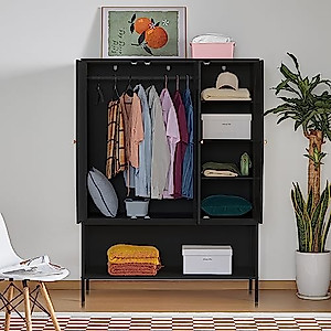 Large Armoire Wardrobe Closet with 3 Doors, Rattan Wardrobe Cabinet with Shelves and Hanging Rail for Clothes, Freestanding Wooden Black Closet for Bedroom, Black (47.24" W x 18.89" D x 62.99" H)