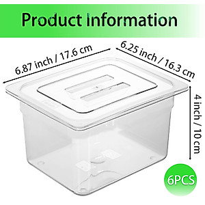 Cheardia 6 Pack 1/6 Size Polycarbonate Food Pans with Lids, Plastic Clear Restaurant Containers Salad Bar Containers for Fruits, Vegetables, Kitchen Food Prep, 4 Inch Deep