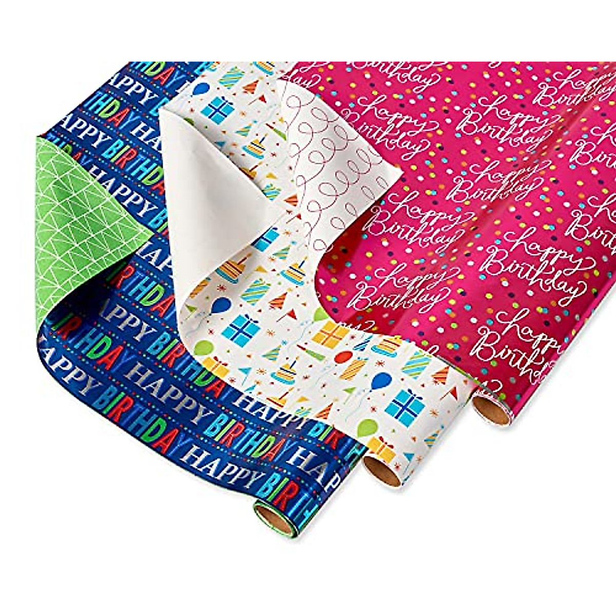 American Greetings Reversible Birthday and All Occasion Wrapping Paper for Kids, Unicorns and Dinosaurs (9 Rolls, 120 sq. ft.)