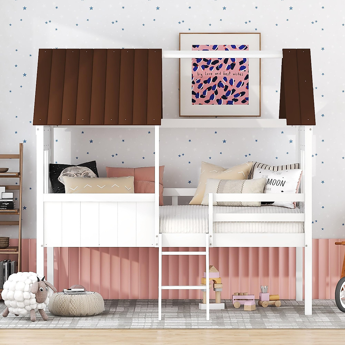 House Bed for Kids,Low Loft Bed Frames Twin Size,Wood Toddler House Bed with Two Side Windows and Roof for Kids/Teens/Girls/Boys,White