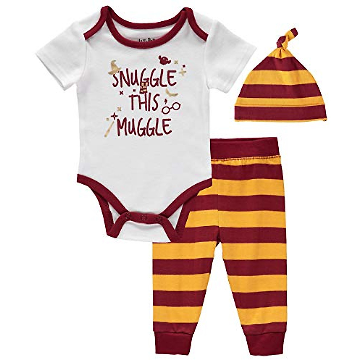 Harry Potter Baby Boys Clothes Set with Baby Bodysuit, Pants, and Hat - Baby Boy Outfits (White/Red/Orange, 3-6M)