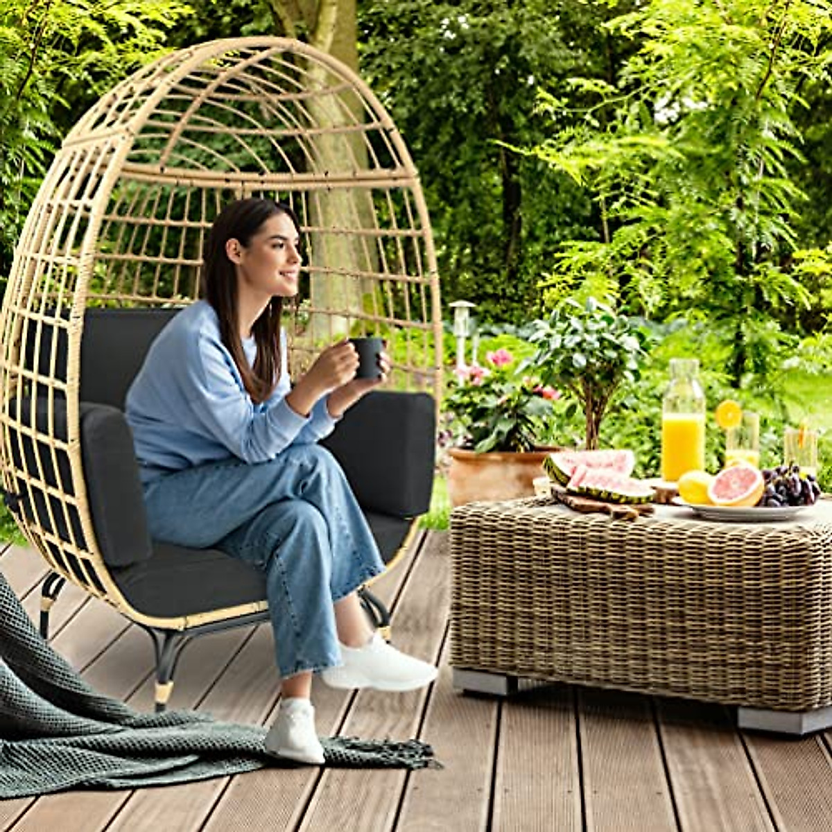 Wicker Rattan Egg Chair, Indoor Outdoor Black Sofa Chair for Patio Backyard and Living Room with 4 Cushions and Powder Coated Steel Frame, Woven Texture Contemporary Ribbed Back Design