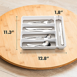 JINAMART Silverware Organizer Tray, Kitchen Utensils Holder and Cutlery Tray with Grooved Drawer Dividers, 5-Compartments Kitchen Drawer Organizer, Non-Slip Rubber Feet BPA-Free (5-compartment)