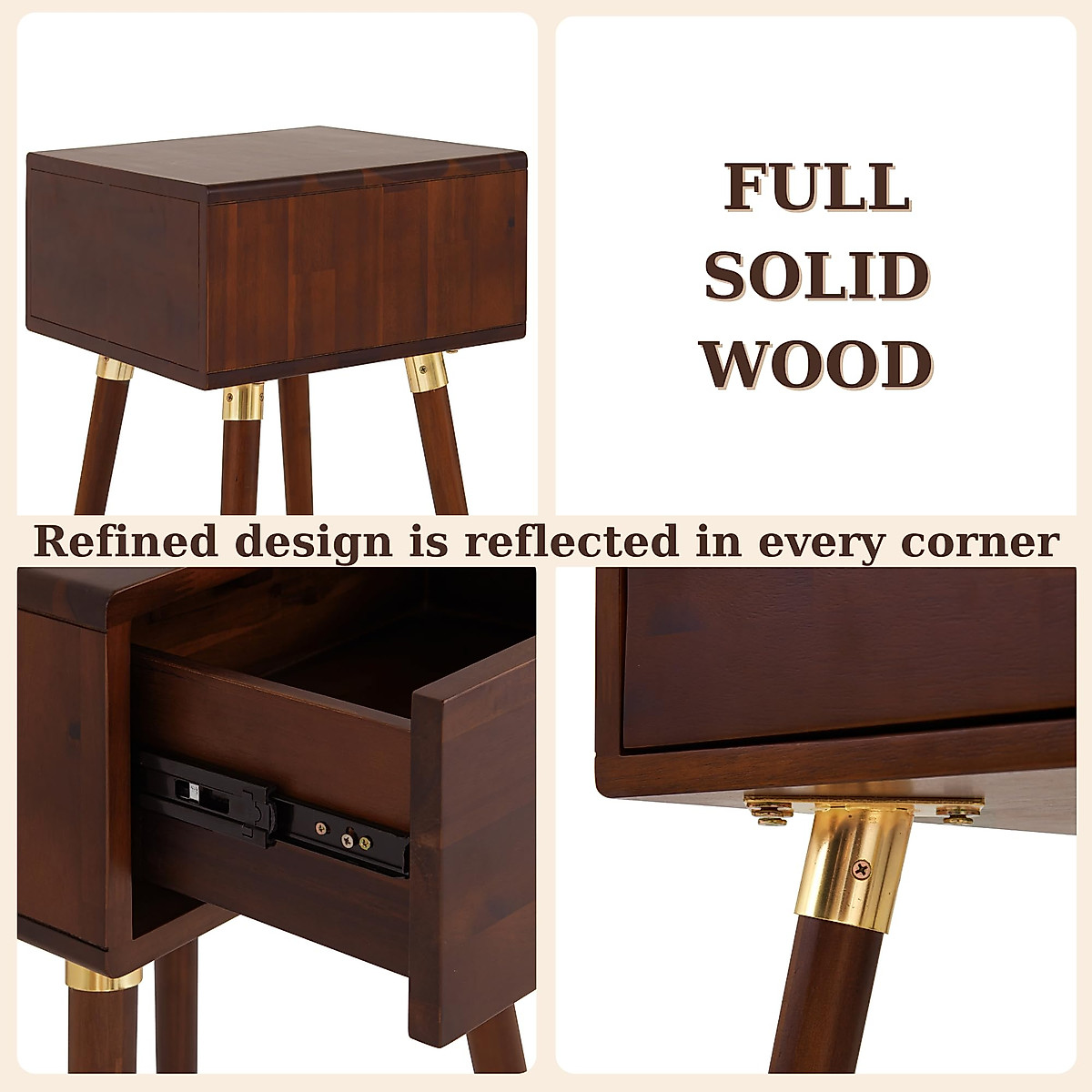 Bme Caden Solid Wood Nightstand/Side Table/End Table, Fully Assembled, with 1-Drawer for Mid Century Bedroom and Living Room, Walnut