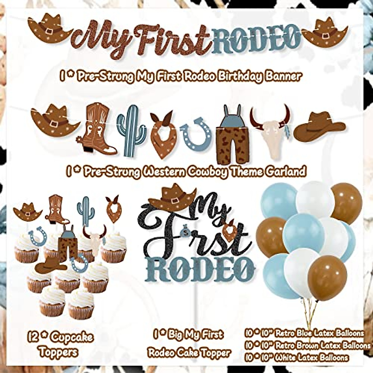 Cowboy Birthday Decorations, My First Rodeo Birthday Party Supplies Boy, My First Rodeo Banner Cake Topper Balloons for Boy Western Birthday Cowboy Baby Shower Cowboy Party Decorations