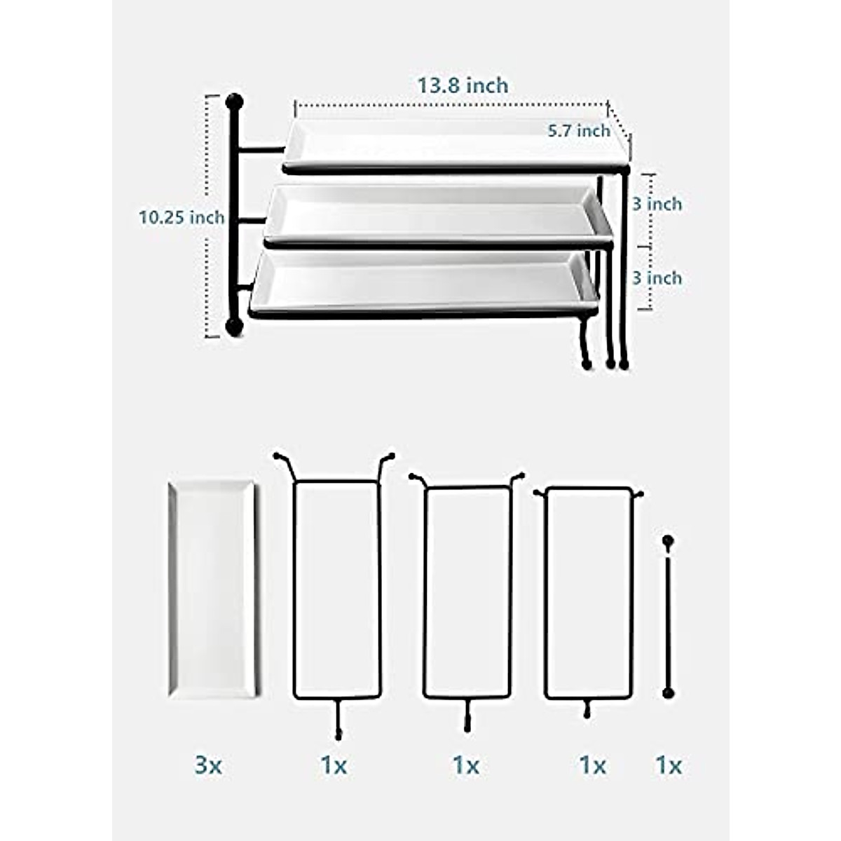 Sweese 731.101 3 Tiered Serving Stand, Foldable Rectangular Food Display Stand with White Porcelain Platters - Serving Trays, Dessert Display Server for Brithday Party, Valentine's Day and Events