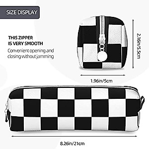 Ykklima Leather Pencil Case - Black White Race Checkered Flag Pattern, Stationery Bag Pen Organizer Makeup Cosmetic Holder Pouch for School Work Office College