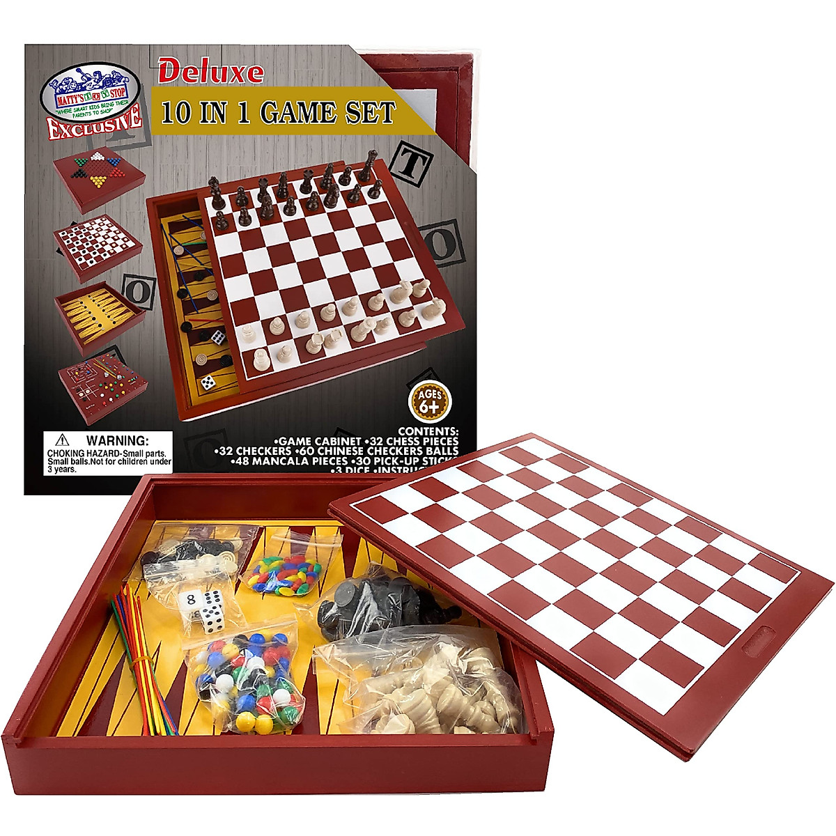 Matty's Toy Stop Exclusive Deluxe 10-in-1 Chess, Checkers, Tic Tac Toe, Backgammon, Mill, Roll Em, Insanity, Chinese Checkers, Mancala & Pick-Up Sticks Wooden Cabinet Game Set