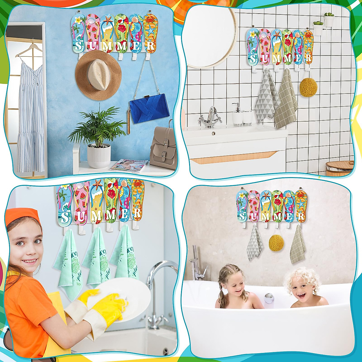 Teenyyou Pool Towel Hooks Flip Flop Shaped Wooden Ornament Hooks with 6 Hooks Hawaii Decorative Wall Hooks Sandal Towel Rack Hangers for Beach Area Outdoor Swimming Pool Bathroom Bedroom Decoration
