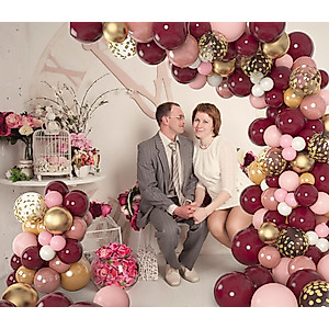 Ouddy Party Burgundy Pink Balloons Garland Arch Kit Rose Gold Champagne Gold Confetti Metallic Balloons for Women Birthday Mothers Day Bridal Shower Bachelorette Wedding Party Decorations with 4 Tools