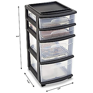 Homz Plastic 4 Clear Drawer Medium Home Organization Storage Container Tower with 2 Large Drawers and 2 Small Drawers, Black Frame