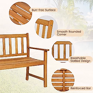 HAPPYGRILL Patio Wood Bench with Ergonomic Backrest & Armrests, 2-Person Outdoor Bench, All-Weather Acacia Wood Frame, Loveseat Outside Bench for Garden Balcony Poolside Porch Deck