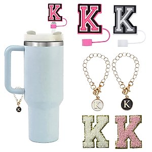 Kacuozx 6PCS Stanley Cup Letter Charm Accessories, Silicone Straw Cover Cap Toppers, Adhesive Chenille Letter Patch Sticker, Initial Letter Hydro Charms for Stanley 30 40 Oz Tumblers Handle Decor K