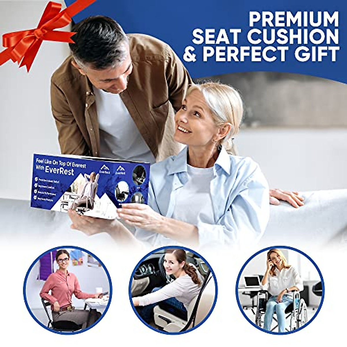 EVERREST Seat Cushion for Office Chair Plus Size - Firm Extra Wide Large Memory Foam Pillow for Tailbone, Coccyx, Sciatica, Back Pain Relief – Thick Pad for Long Hours Sitting, Gaming