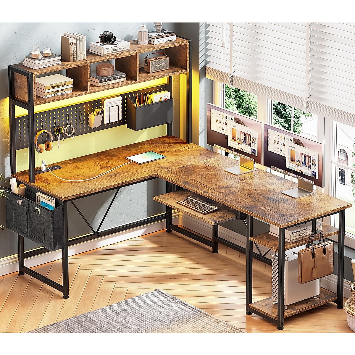 SEDETA L Shaped Gaming Desk with Hutch, 57.5” Reversible Corner Computer Desk with Storage Shelves, Gaming Desk with Pegboard, LED Lights, Power Outlet, Keyboard Tray (Rustic Brown)