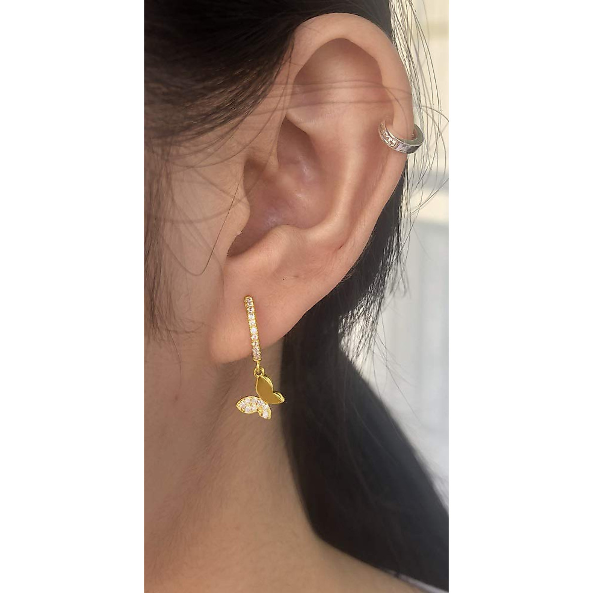 Cute Butterfly Small CZ Cartilage Hoop Earrings With Tiny Charm Dangle Drop for Women Girls S925 Sterling Silver Dainty Fashion Huggie Hoops Hypoallergenic Jewelry Gifts for Daughter Sister Bff (Gold)
