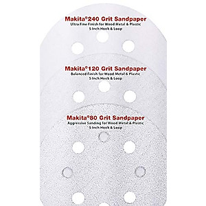 Makita 30 Piece - Multi Grit Sanding Disc Set For 5" Random Orbit Sanders - For Wood, Metal & Plastic - 80, 120 & 240 Grit | 8 Hole Hook-And-Loop Sandpaper