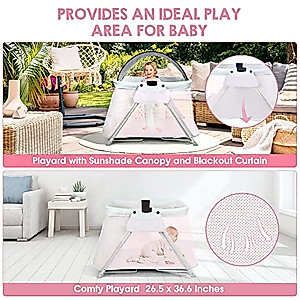 Portable Playard with Bassinet Insert for Babies Activity Indoor Outdoor Onasti Playpen with UPF Sunshade Folding Compact for Family Travel Beach Light Grey Themed