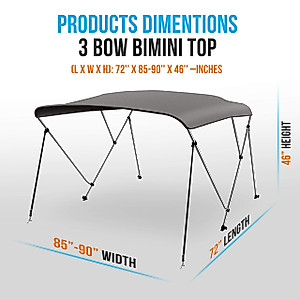 SereneLife Waterproof Boat Bimini Top Cover - 73-78" W 3 Bow Bimini Top Sun Shade Boat Canopy - 1" Double Wall Aluminum Frame Tubes, 2 Front Straps, 2 Rear Support Poles, Storage Boot SLBTW78G